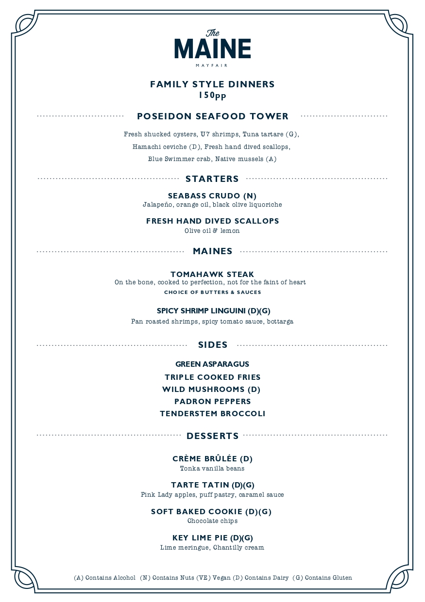 THE BRASSERIE AND TAVERN – GROUP MENUS £150 – The MAINE Mayfair