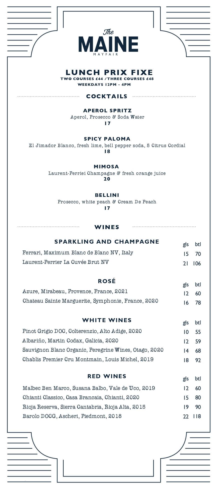 THE DRAWING ROOM AND TERRACE – LUNCH PRIX FIXE – The MAINE Mayfair