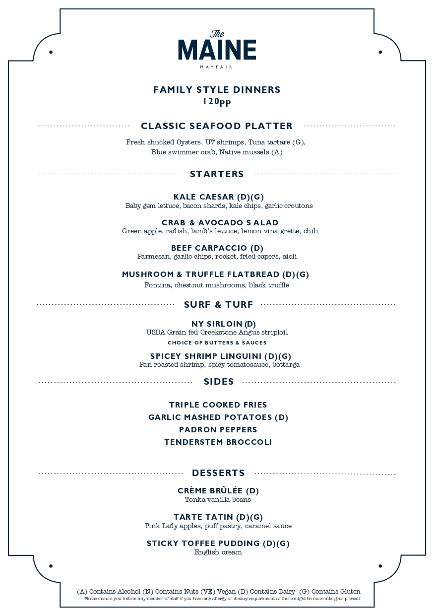 Brasserie & Tavern | The Maine Mayfair | Best Dinner Menu