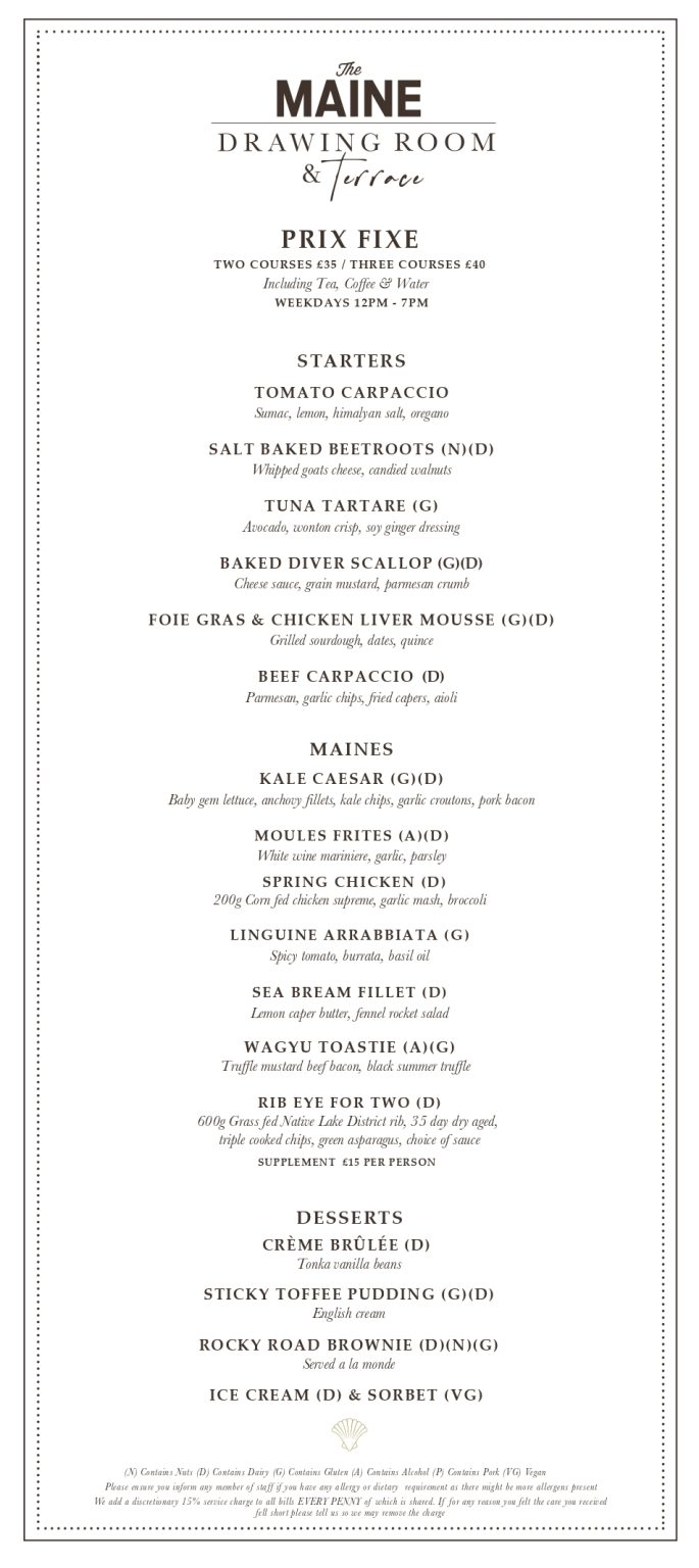 THE DRAWING ROOM AND TERRACE – LUNCH PRIX FIXE – The MAINE Mayfair