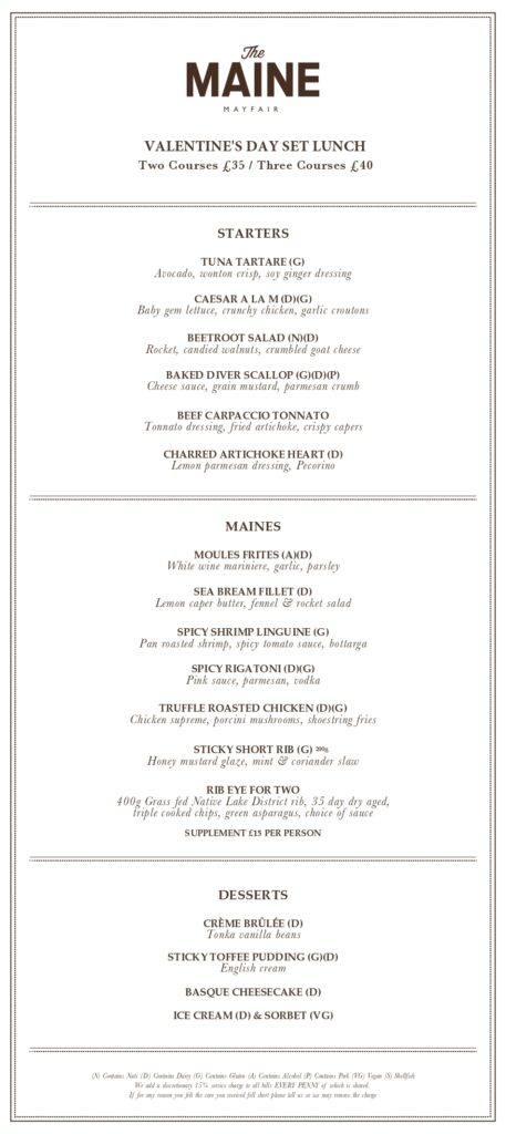 VALENTINE’S DAY SET LUNCH – The MAINE Mayfair
