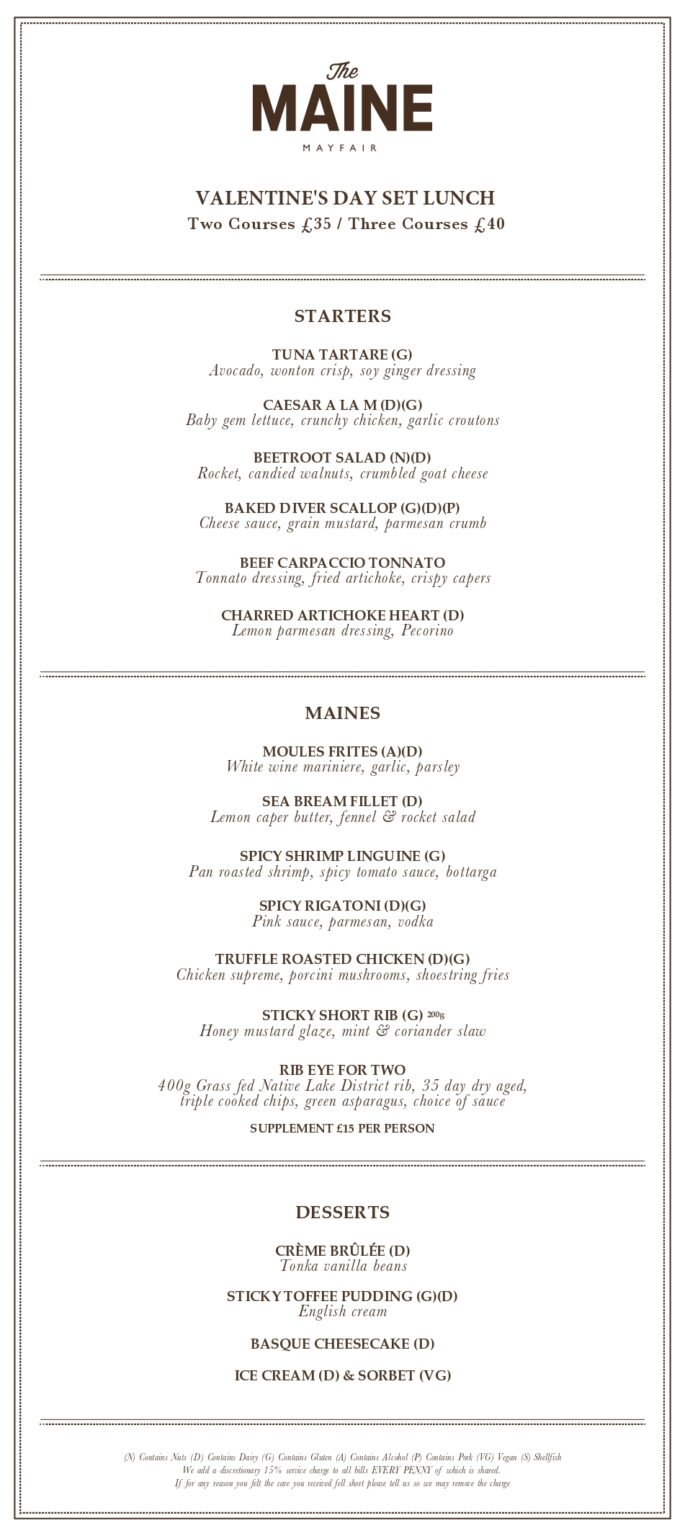 VALENTINE’S DAY SET LUNCH – The MAINE Mayfair